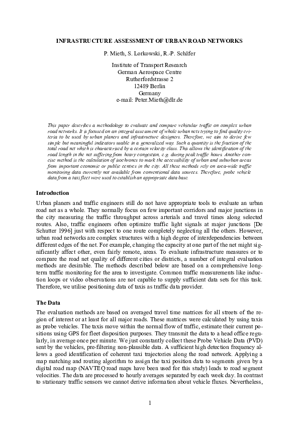 Doc Infrastructure Assessment Of Urban Road Networks