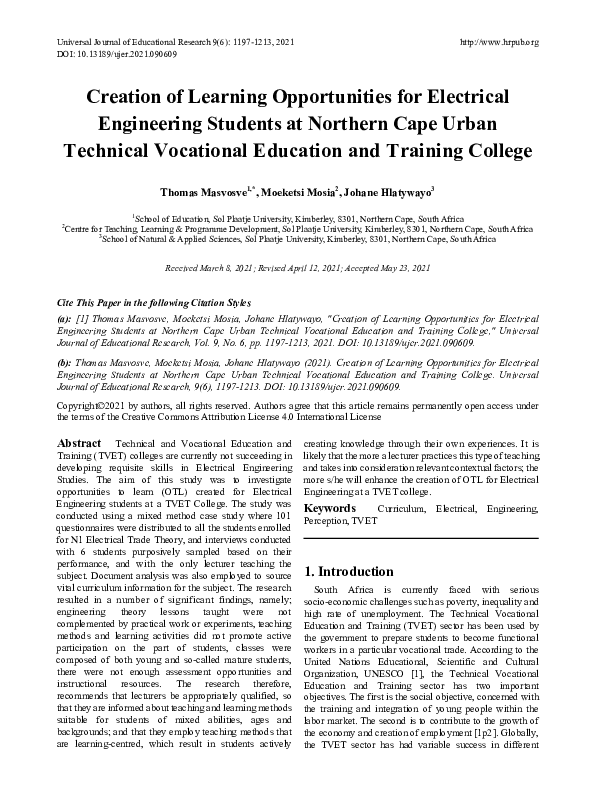 (PDF) Enhancing Learning for Electrical Engineering Students in TVET