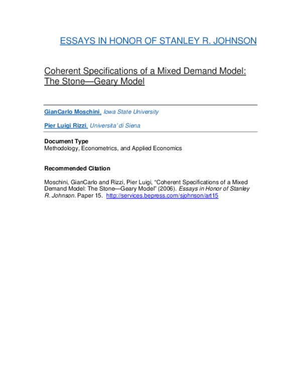 (PDF) Coherent Specifications of a Mixed Demand Model: The Stone—Geary ...