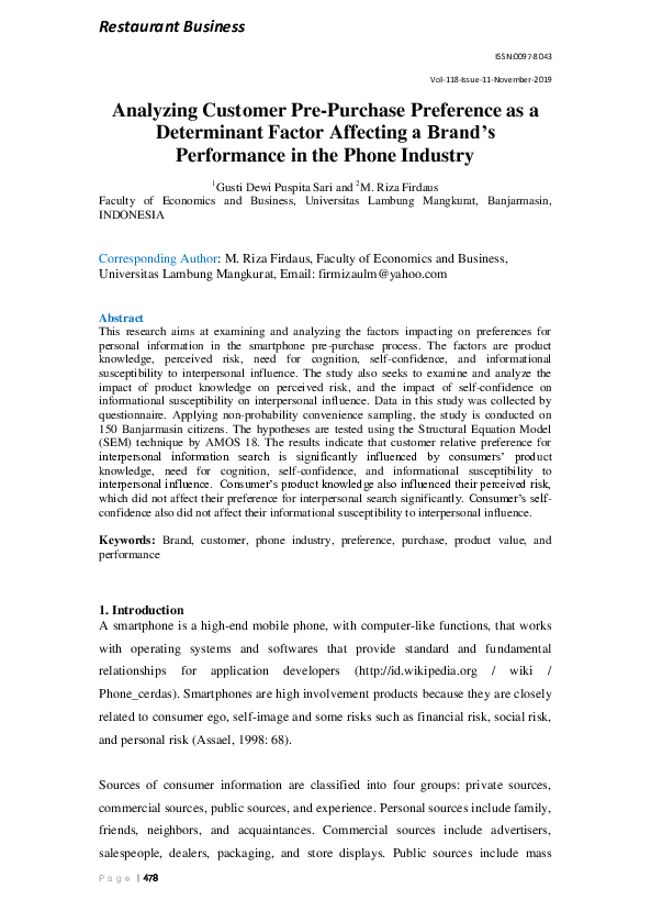 (PDF) Analyzing Customer Pre-Purchase Preference as a Determinant Factor Affecting a Brand’s ...