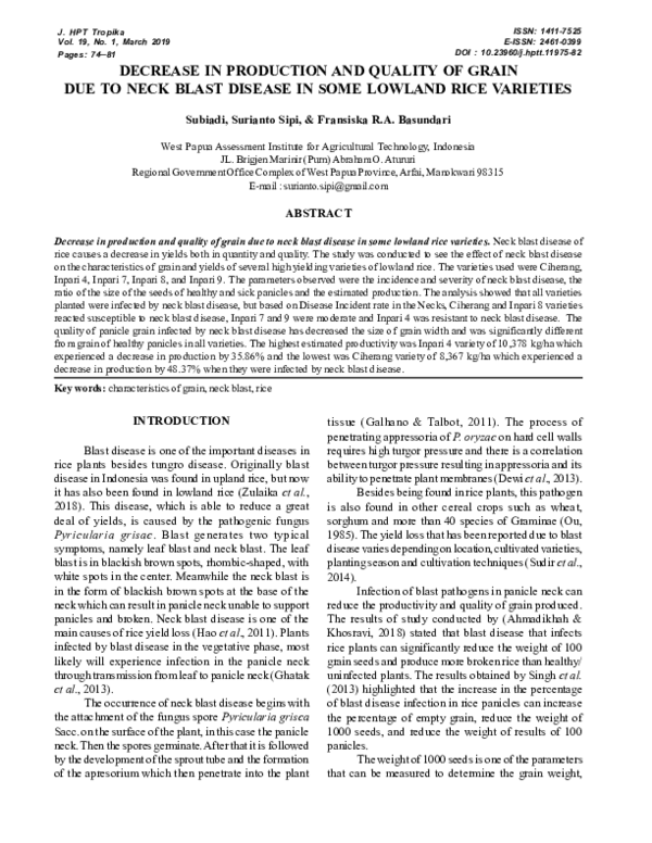 (PDF) Decrease in Production and Quality of Grain Due to Neck Blast ...