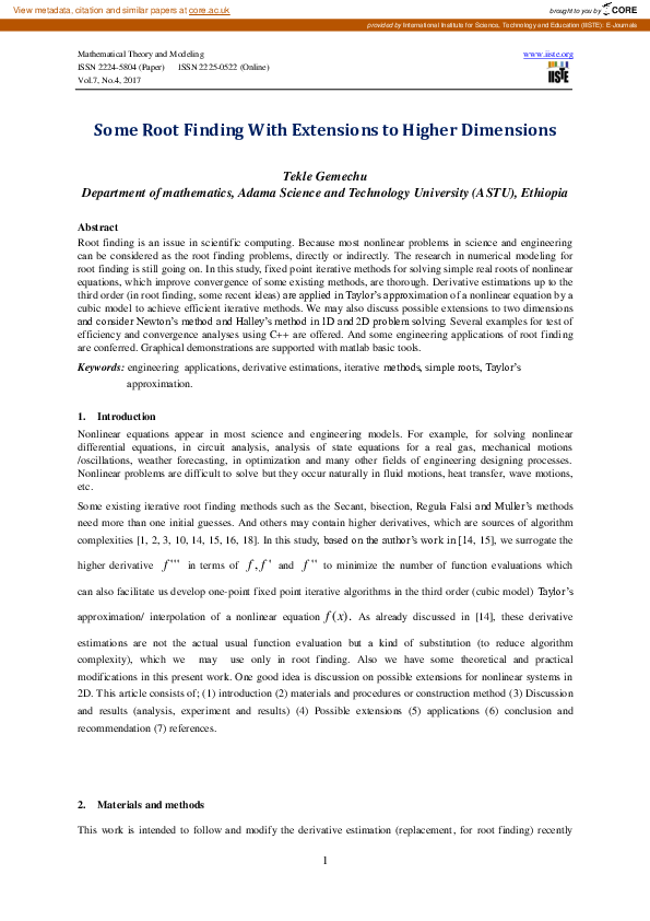 (PDF) Some Root Finding With Extensions to Higher Dimensions