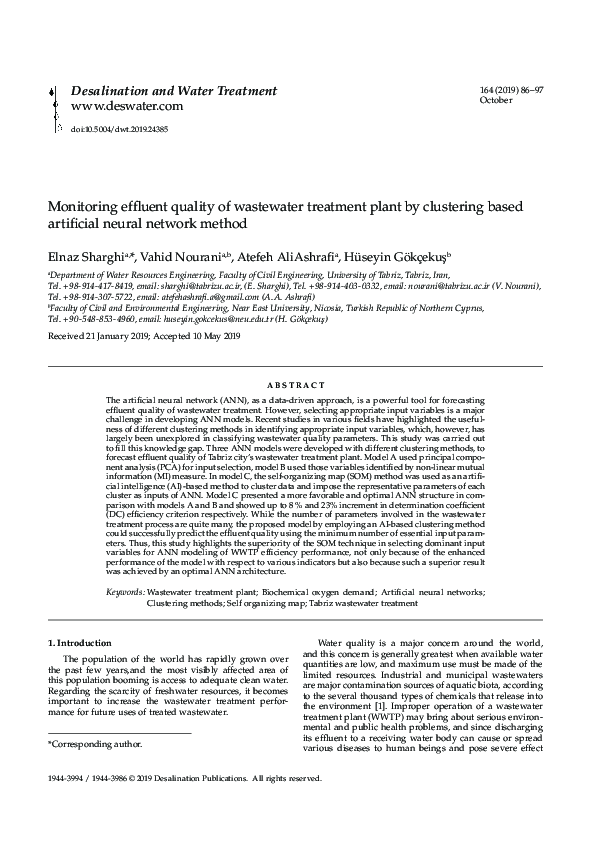 (PDF) Monitoring effluent quality of wastewater treatment plant by clustering based artificial ...