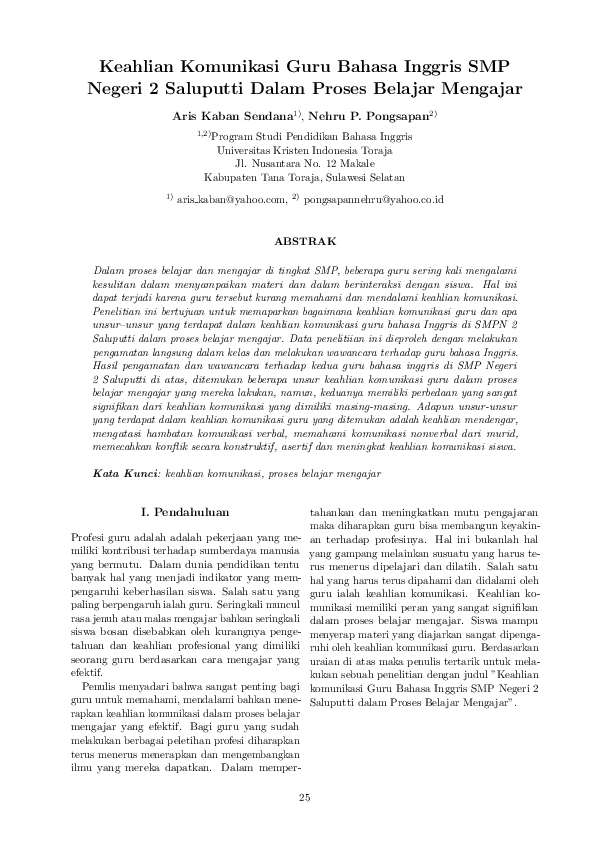 (PDF) Keahlian Komunikasi Guru Bahasa Inggris SMP Negeri 2 Saluputti Dalam Proses Belajar Mengajar