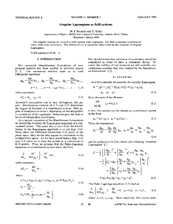 Pdf Singular Lagrangians As Field Systems