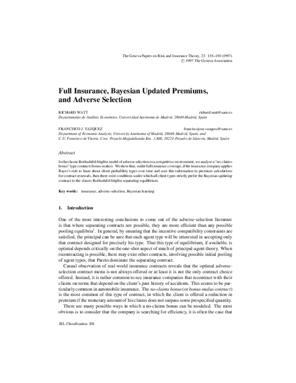 Pdf Full Insurance Bayesian Updated Premiums And Adverse Selection