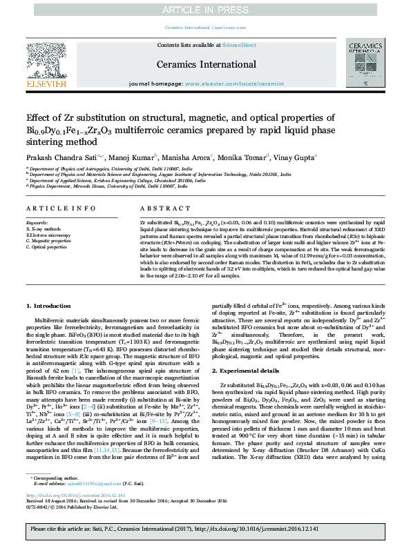 (PDF) Effect of Zr substitution on structural, magnetic, and optical properties of Bi0.9Dy0.1Fe1 ...