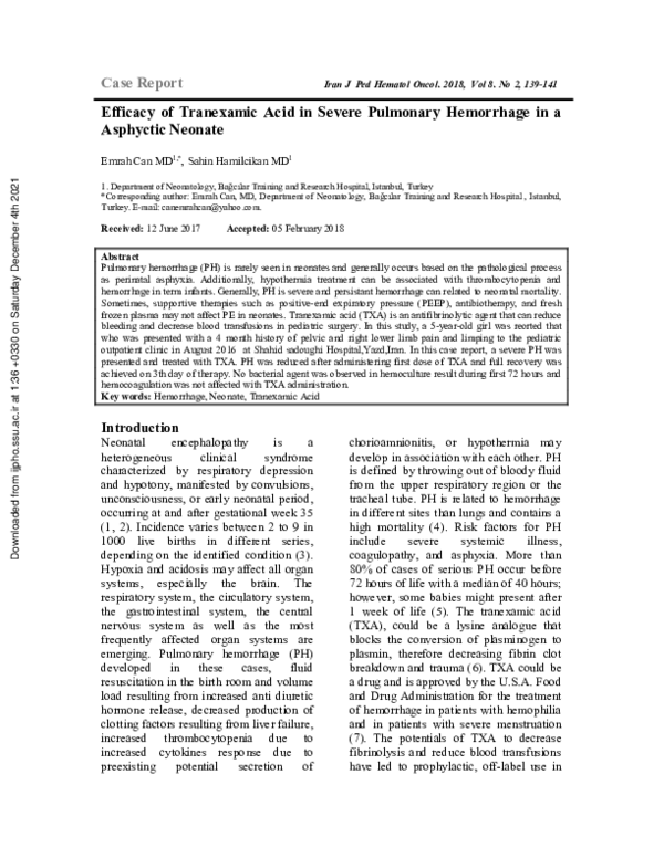 (PDF) Efficacy of Tranexamic Acid in Severe Pulmonary Hemorrhage in a ...