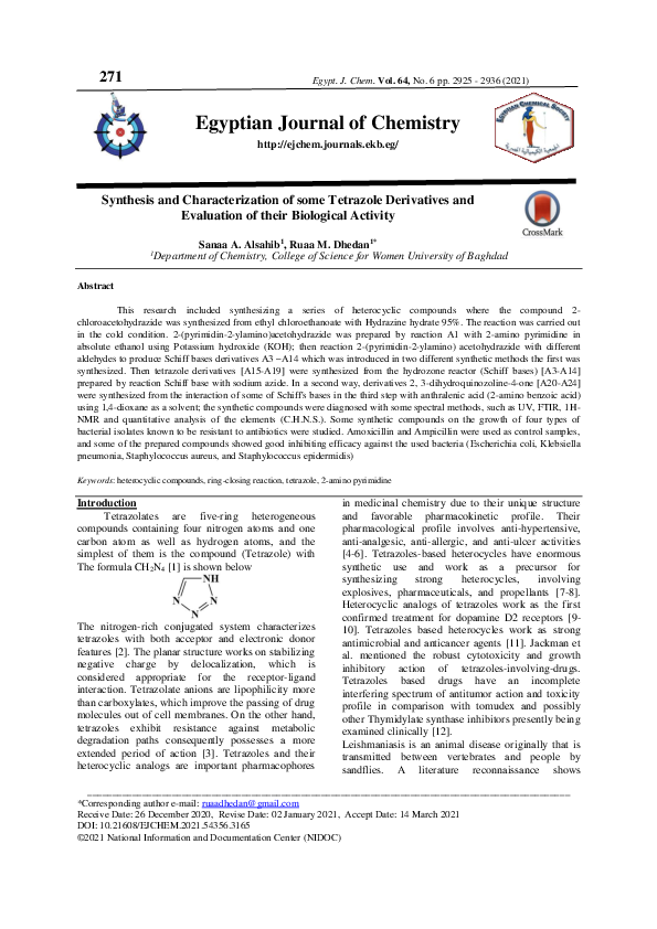 (PDF) Synthesis and Characterization of some Tetrazole Derivatives and Evaluation of their ...