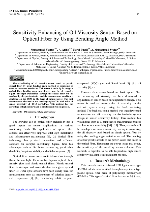 (PDF) Sensitivity Enhancing of Oil Viscosity Sensor Based on Optical Fiber by Using Bending ...