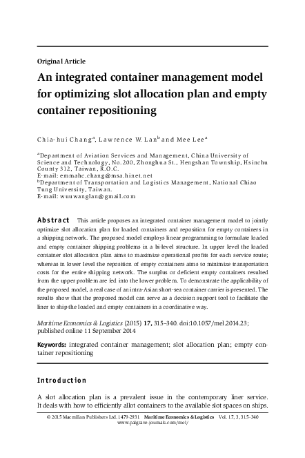 Pdf An Integrated Container Management Model For Optimizing Slot Allocation Plan And Empty
