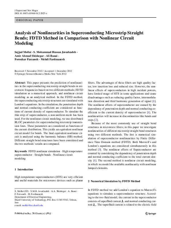 (PDF) Analysis of Nonlinearities in Superconducting Microstrip Straight Bends; FDTD Method in ...