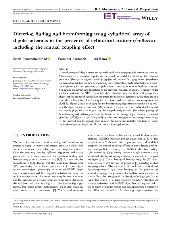 (PDF) Direction finding and beamforming using cylindrical array of dipole antennas in the ...