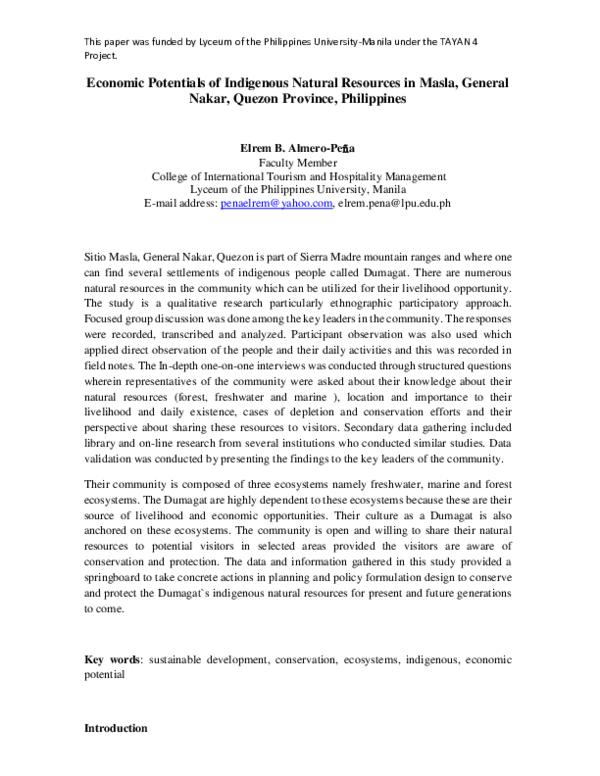 (PDF) Economic Potentials of Indigenous Natural Resources in Masla, Gen ...