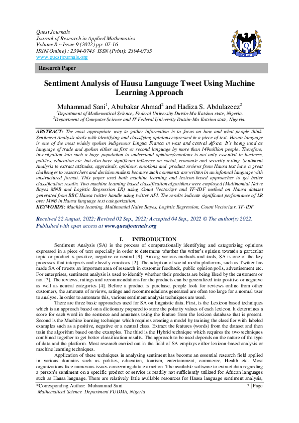 (PDF) Sentiment Analysis of Hausa Language Tweet Using Machine Learning Approach