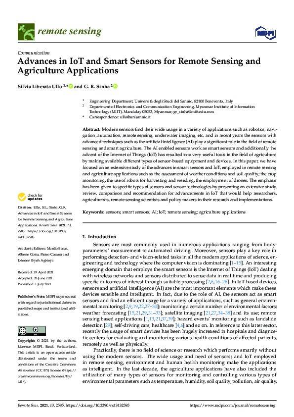 (PDF) Advances in IoT and Smart Sensors for Remote Sensing and Agriculture Applications
