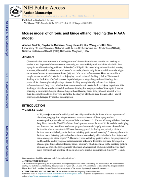 (PDF) Mouse model of chronic and binge ethanol feeding (the NIAAA model)