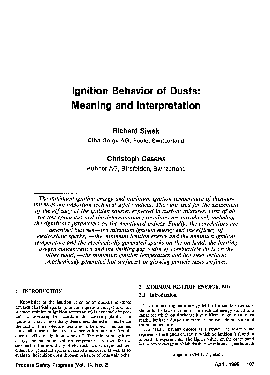 (PDF) Ignition behavior of dusts: Meaning and interpretation