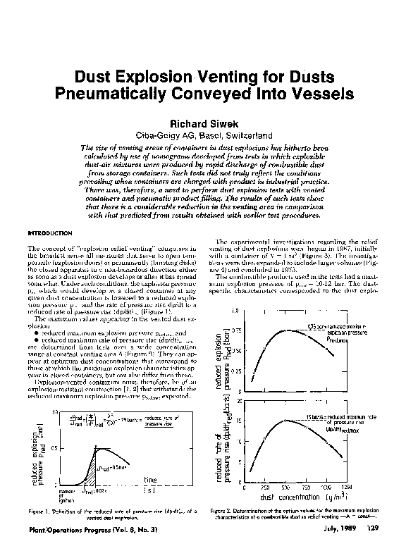 (PDF) Dust explosion venting for dusts pneumatically conveyed into vessels