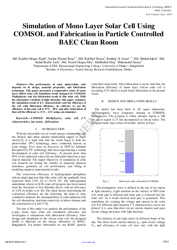 (PDF) Simulation of Mono Layer Solar Cell Using COMSOL and Fabrication ...