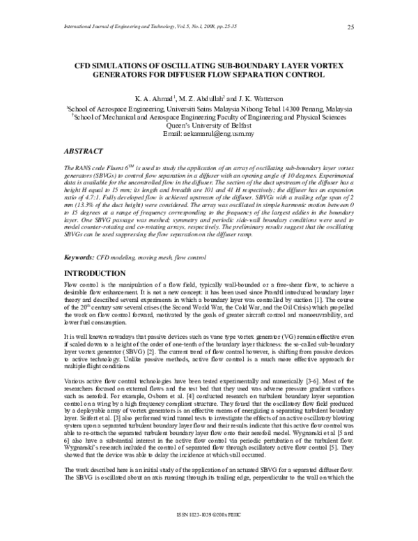 Pdf Cfd Simulations Of Oscillating Sub Boundary Layer Vortex Generators For Diffuser Flow