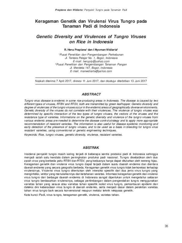 (PDF) Genetic Diversity and Virulences of Tungro Viruses on Rice in ...