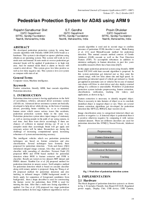 Pedestrian Protection System for ADAS using ARM 9
