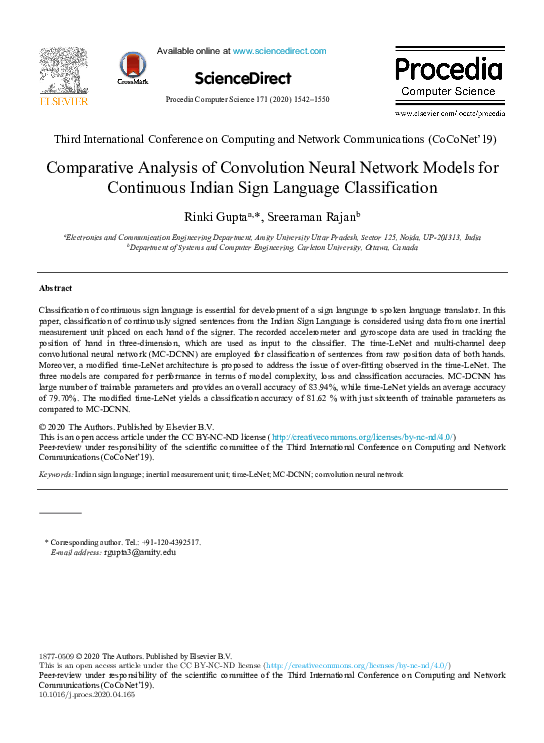 (PDF) Comparative Analysis of Convolution Neural Network Models for Continuous Indian Sign ...