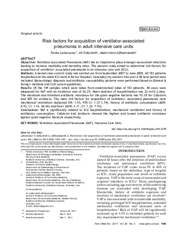 (PDF) Risk factors for acquisition of ventilator-associated pneumonia ...