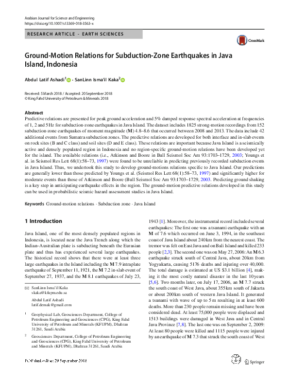 (PDF) Ground-Motion Relations for Subduction-Zone Earthquakes in Java ...