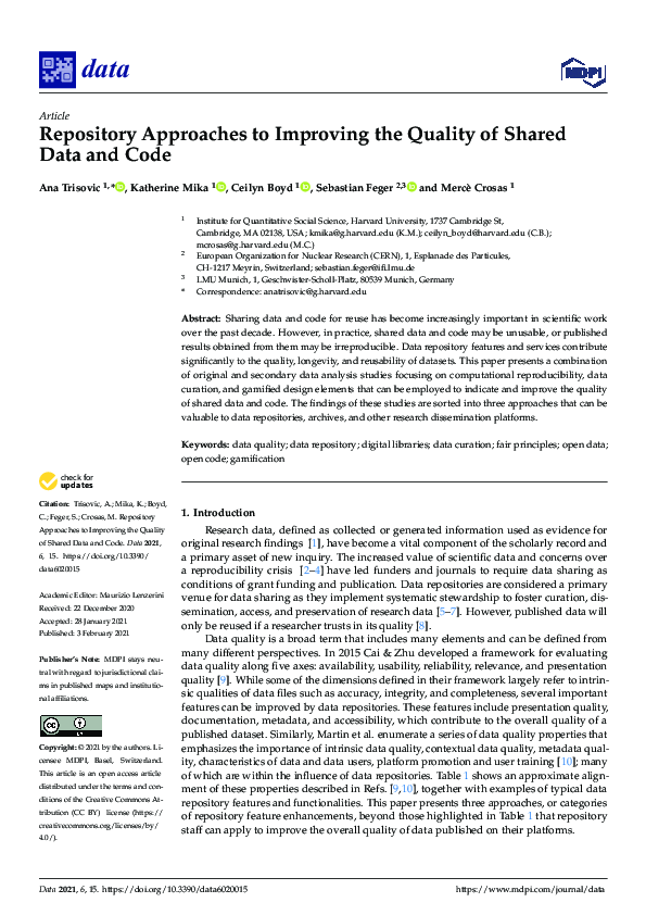 (PDF) Repository Approaches to Improving the Quality of Shared Data and Code