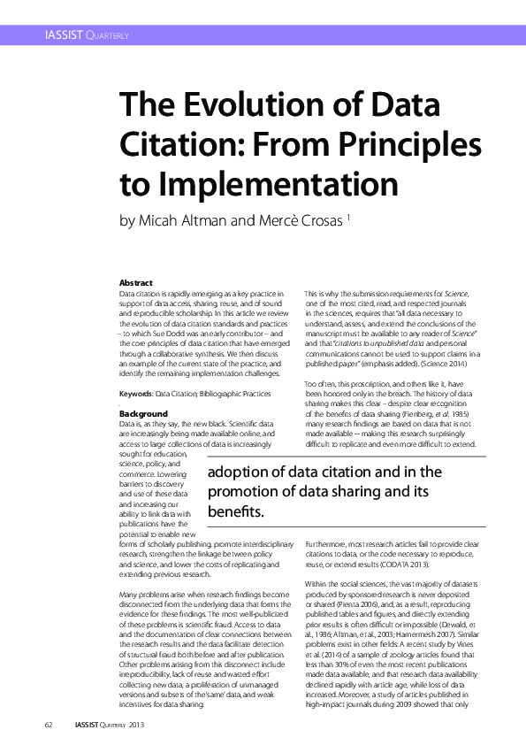 (PDF) The Evolution of Data Citation: From Principles to Implementation
