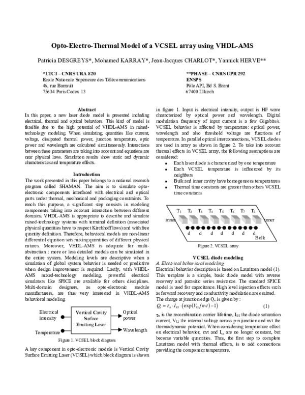 (PDF) Opto-electro-thermal model of a VCSEL array using VHDL-AMS (PDF) Opto-electro-thermal model of a VCSEL array using VHDL-AMS