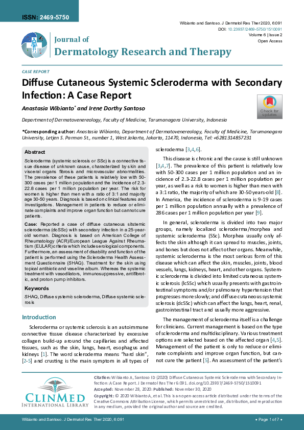 Pdf Diffuse Cutaneous Systemic Scleroderma With Secondary Infection A Case Report Irene