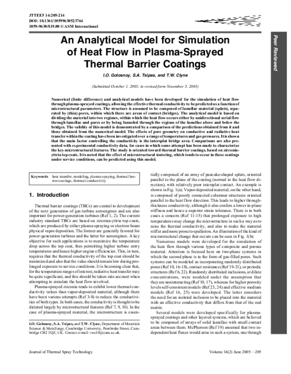 (PDF) An Analytical Model for Simulation of Heat Flow in Plasma-Sprayed Thermal Barrier Coatings ...