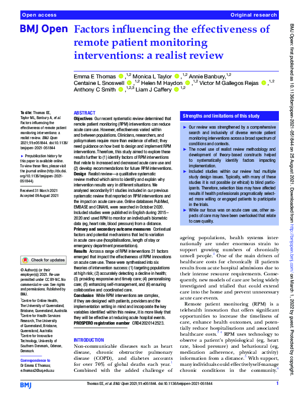(PDF) Factors influencing the effectiveness of remote patient monitoring interventions: a ...