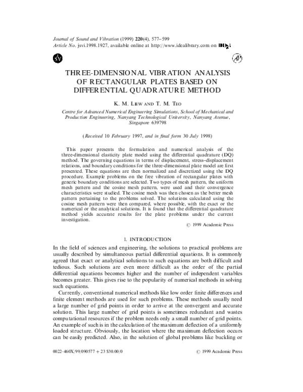 Pdf Three Dimensional Vibration Analysis Of Rectangular Thick Plates On Pasternak Foundation