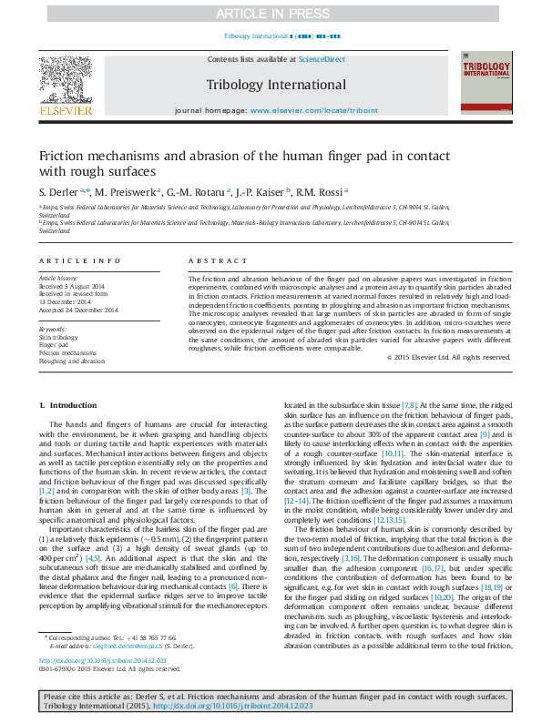 (PDF) Friction mechanisms and abrasion of the human finger pad in ...