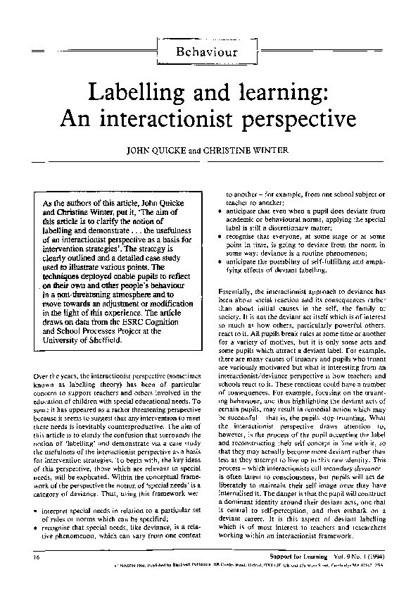 (PDF) Labelling and learning: An interactionist perspective