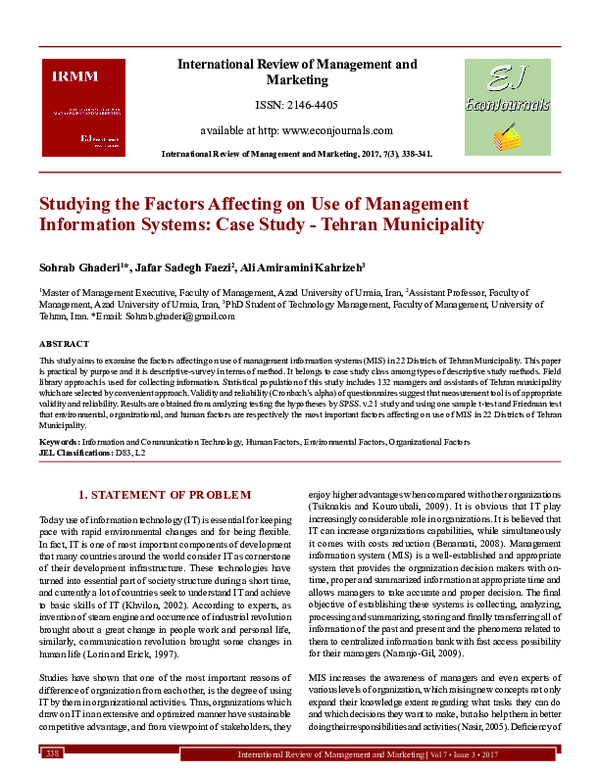 (PDF) Studying the Factors Affecting on Use of Management Information Systems: Case Study ...