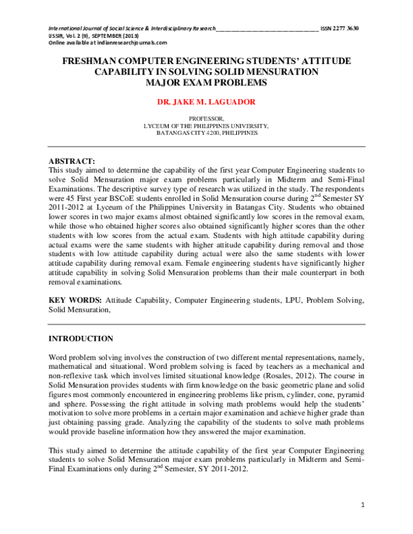 (PDF) Freshman Computer Engineering Students' Attitude Capability in Solving Solid Mensuration ...