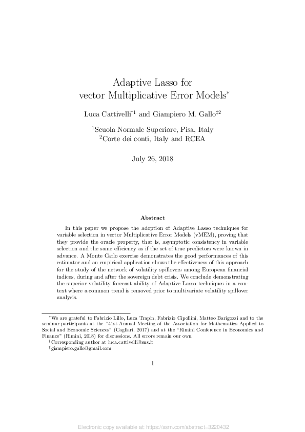 Pdf Adaptive Lasso For Vector Multiplicative Error Models Giampiero