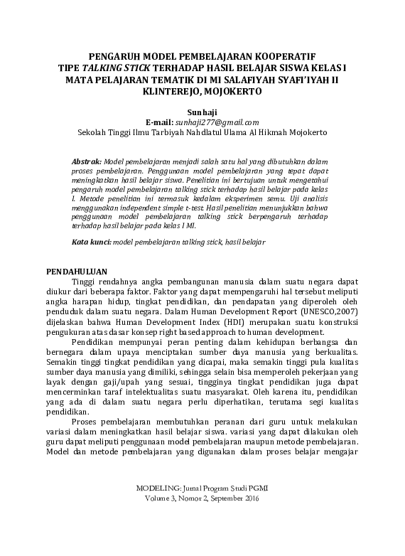 (PDF) Pengaruh Model Pembelajaran Kooperatif Tipe Talking Stick terhadap Hasil Belajar Siswa ...