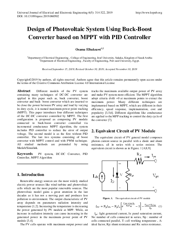 (PDF) Design of Photovoltaic System Using Buck-Boost Converter based on MPPT with PID Controller