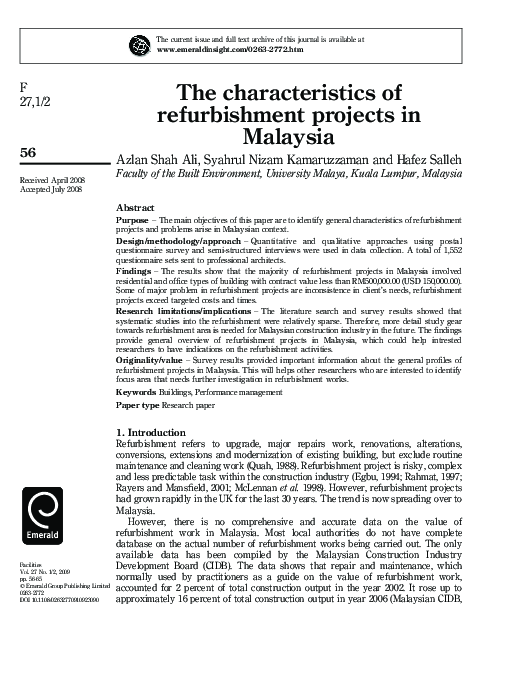 (PDF) The characteristics of refurbishment projects in Malaysia