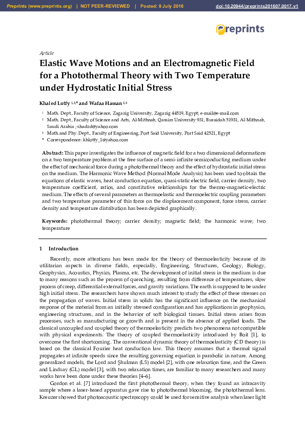 (PDF) Elastic Wave Motions and an Electromagnetic Field for a ...