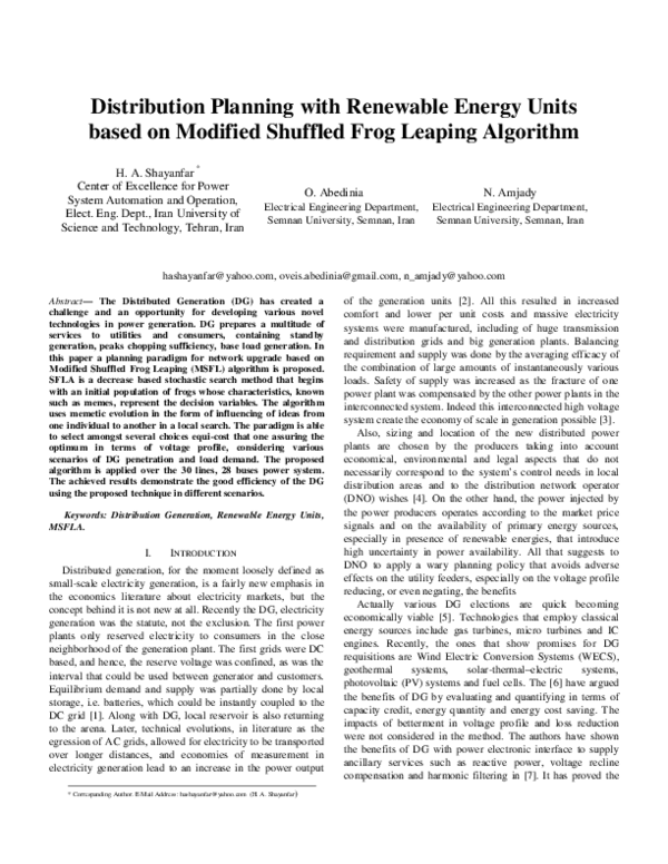 Pdf Distribution Planning With Renewable Energy Units Based On Modified Shuffled Frog Leaping 