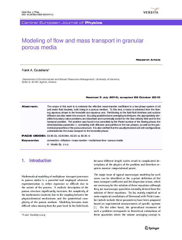 (PDF) Modeling of flow and mass transport in granular porous media