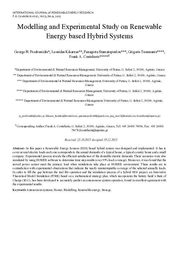 (PDF) Modelling and Experimental Study on Renewable Energy Based Hybrid Systems