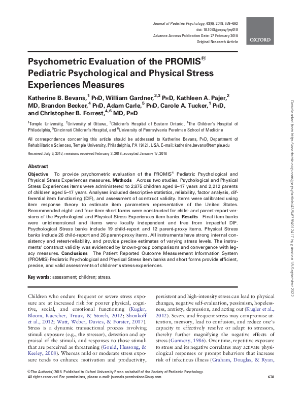 (PDF) Psychometric Evaluation of the PROMIS® Pediatric Psychological ...
